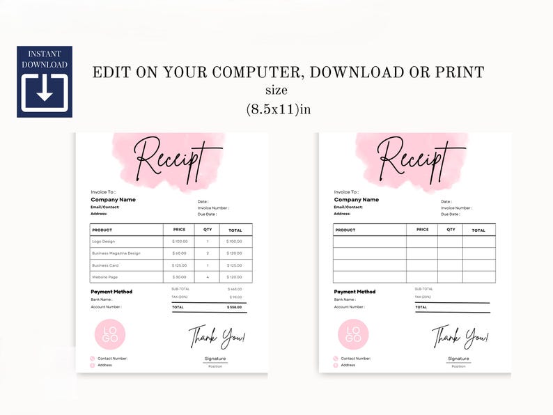 Editable Receipt Template, Small Business Digital Receipt, Receipt Form ...