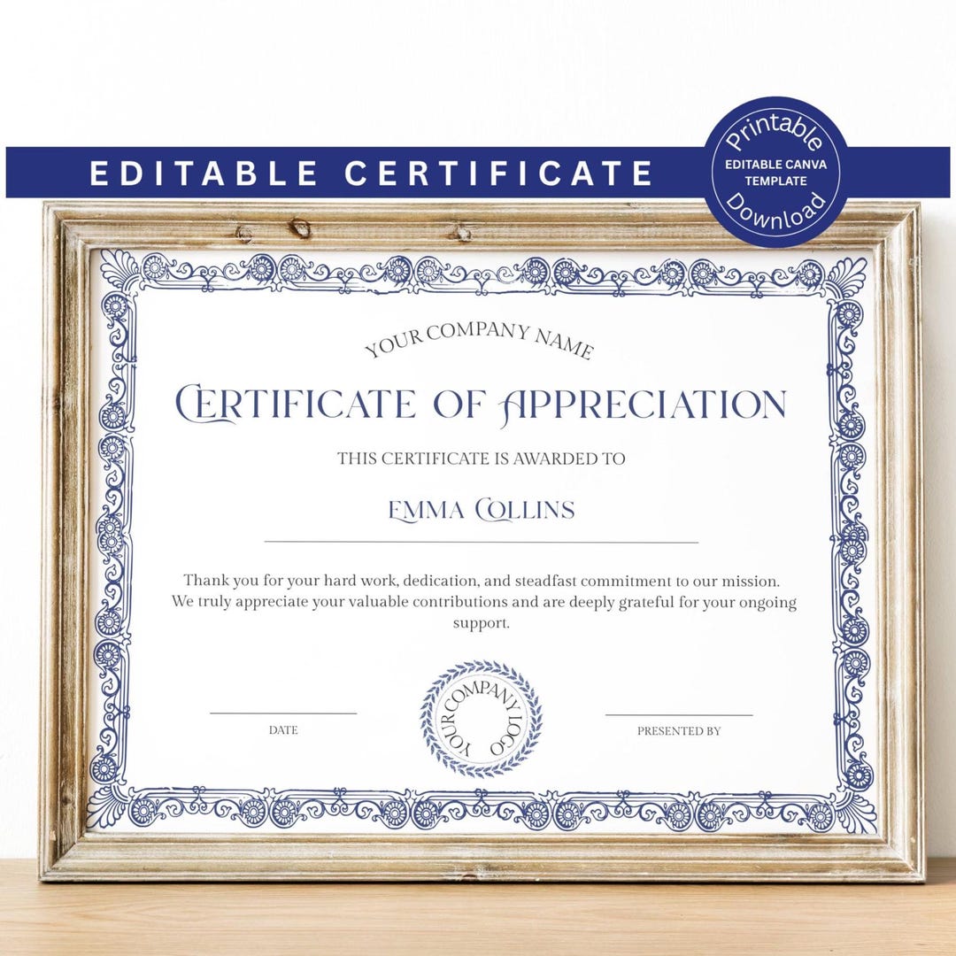EDITABLE Appreciation Certificate Template Printable Certificate of ...
