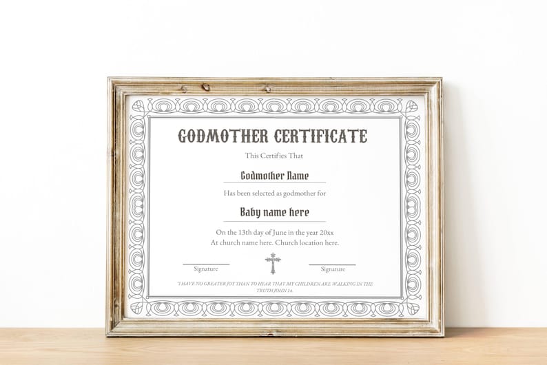 Editable Godparents Certificate Template, Printable Godparents ...