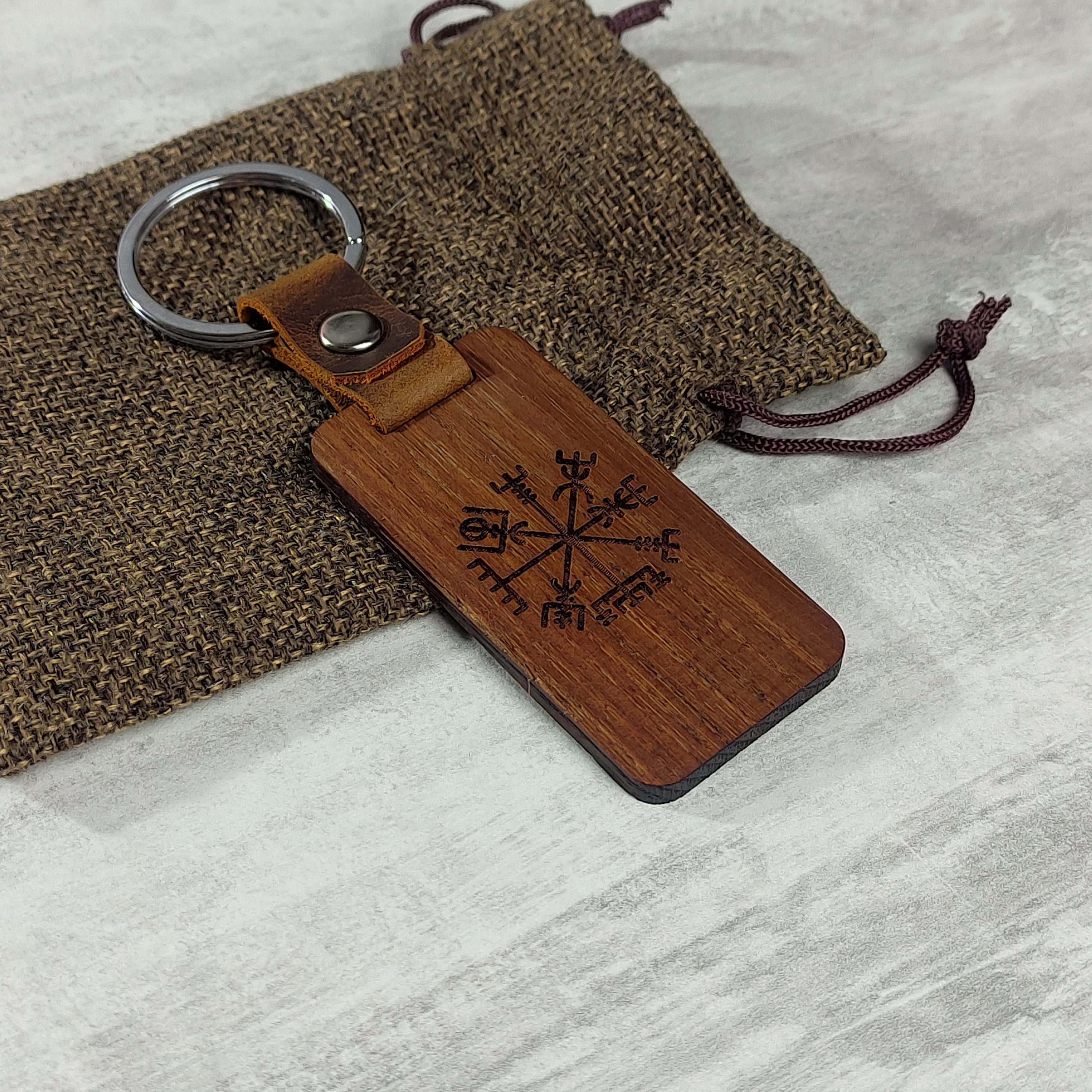 Viking Compass Wooden Keychain, Runes Vegvisir Leather Key Ring ...