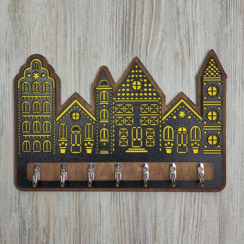 Wooden Key Holder in the Shape of Charming Houses, Wall Metal Hooks - Etsy