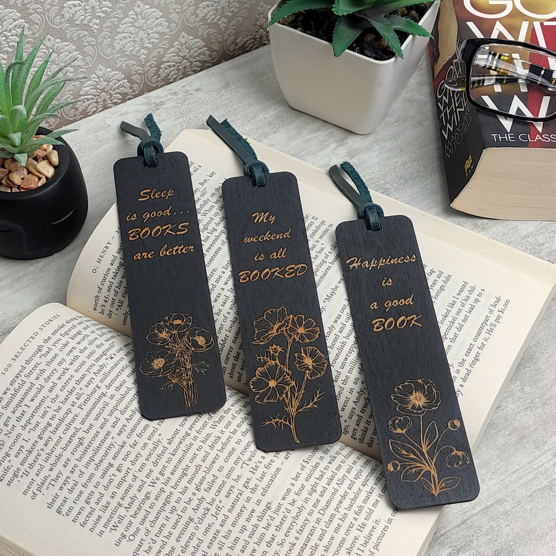 Personalized Floral Wooden Bookmark Set: Engraved Plywood With Leather ...
