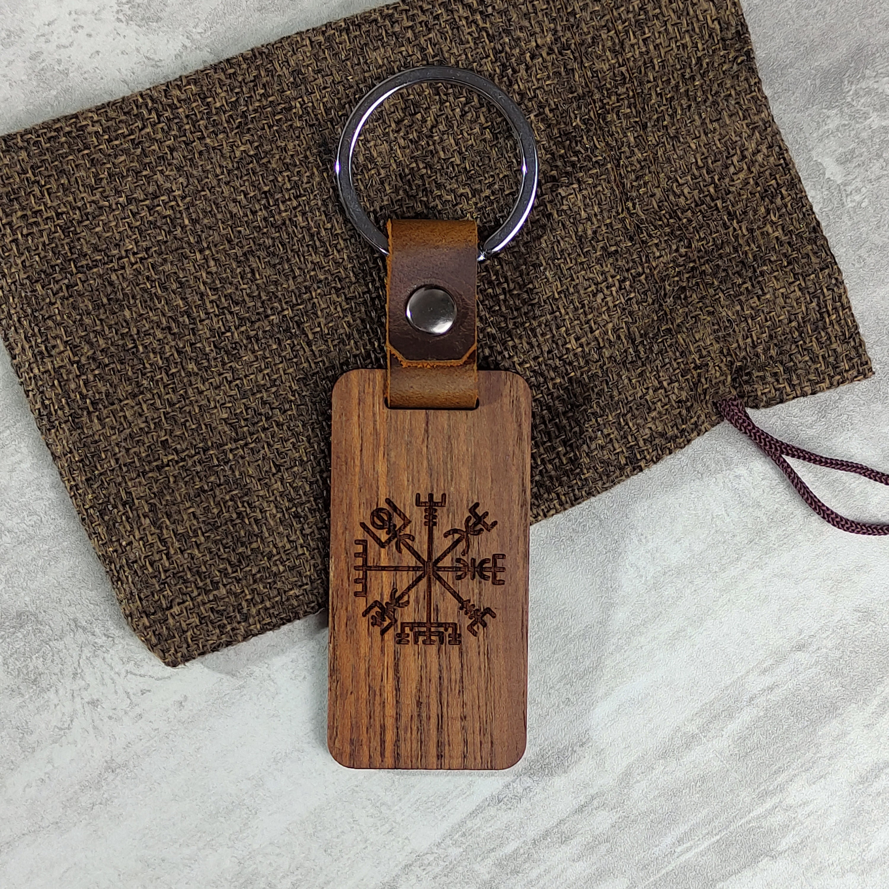 Viking Compass Wooden Keychain, Runes Vegvisir Leather Key Ring ...