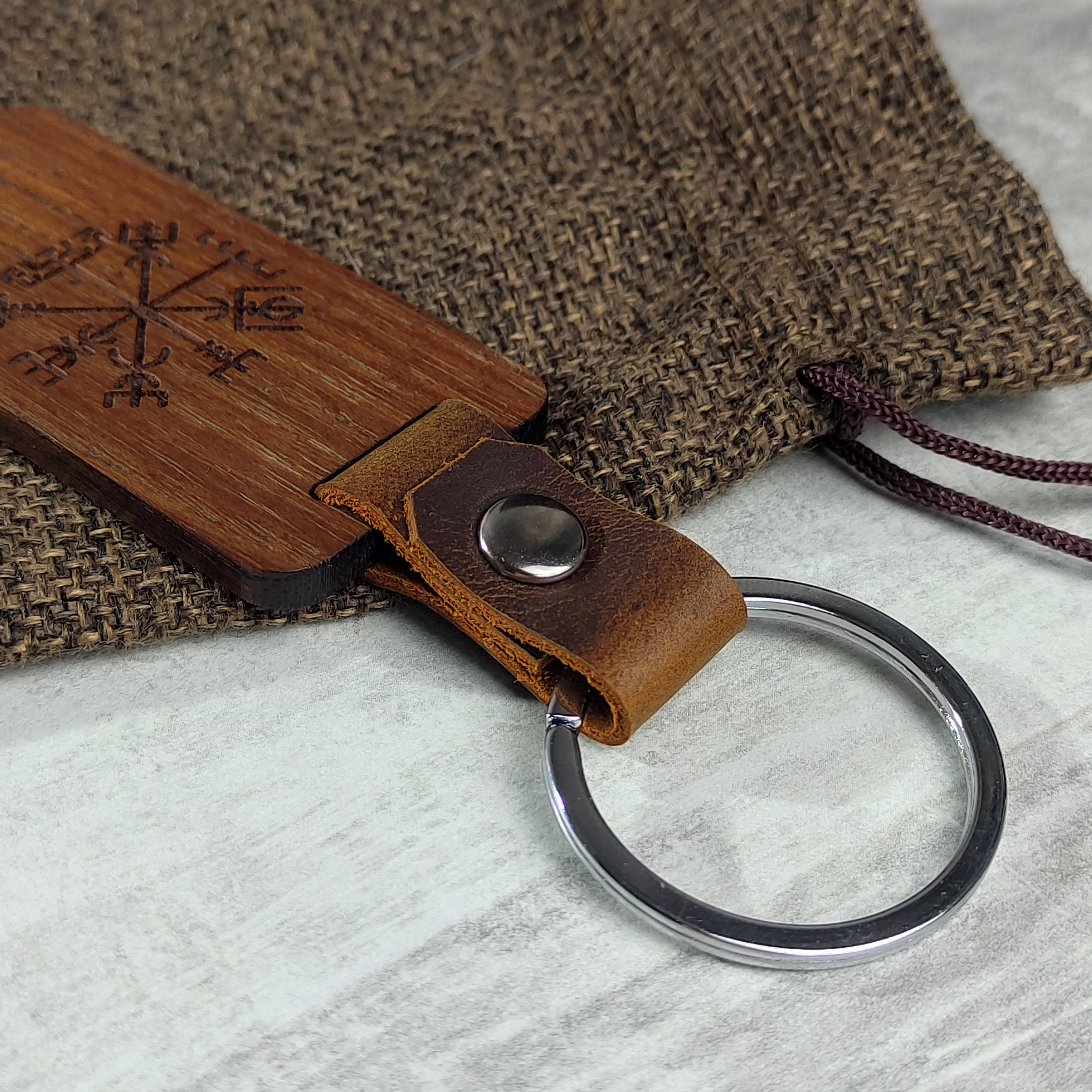 Viking Compass Wooden Keychain, Runes Vegvisir Leather Key Ring ...