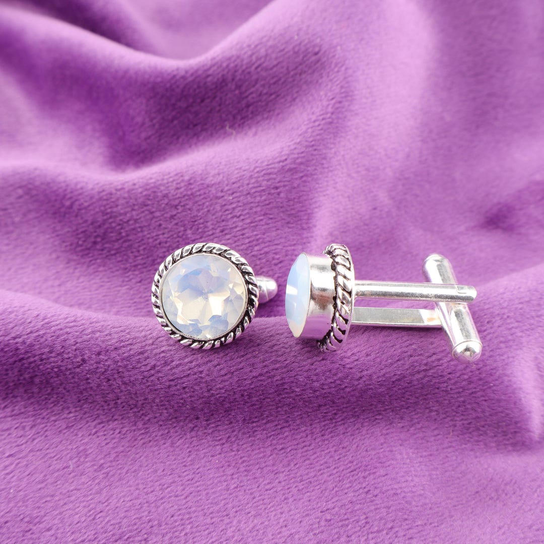 Rare Milky Opal Cufflink, Gemstone Cufflink, White Round Faceted Cufflink, 925 Sterling Silver ...
