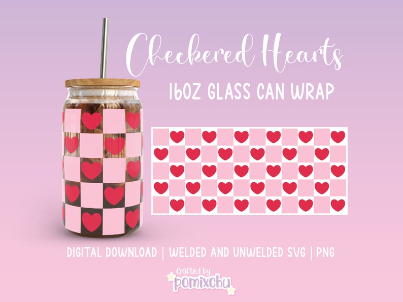 Checkered Hearts Glass Can Svg Valentines Day Svg 16oz Libbey Glass