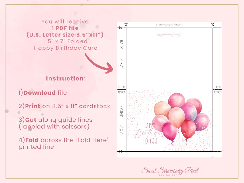 Happy Birthday Card, Balloon Happy Birthday Card, Pink Birthday Card ...