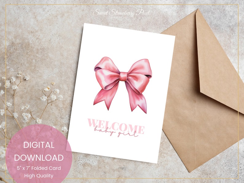 Girl Baby Shower Card, Printable Card, Pink Bow, Baby Shower Card ...