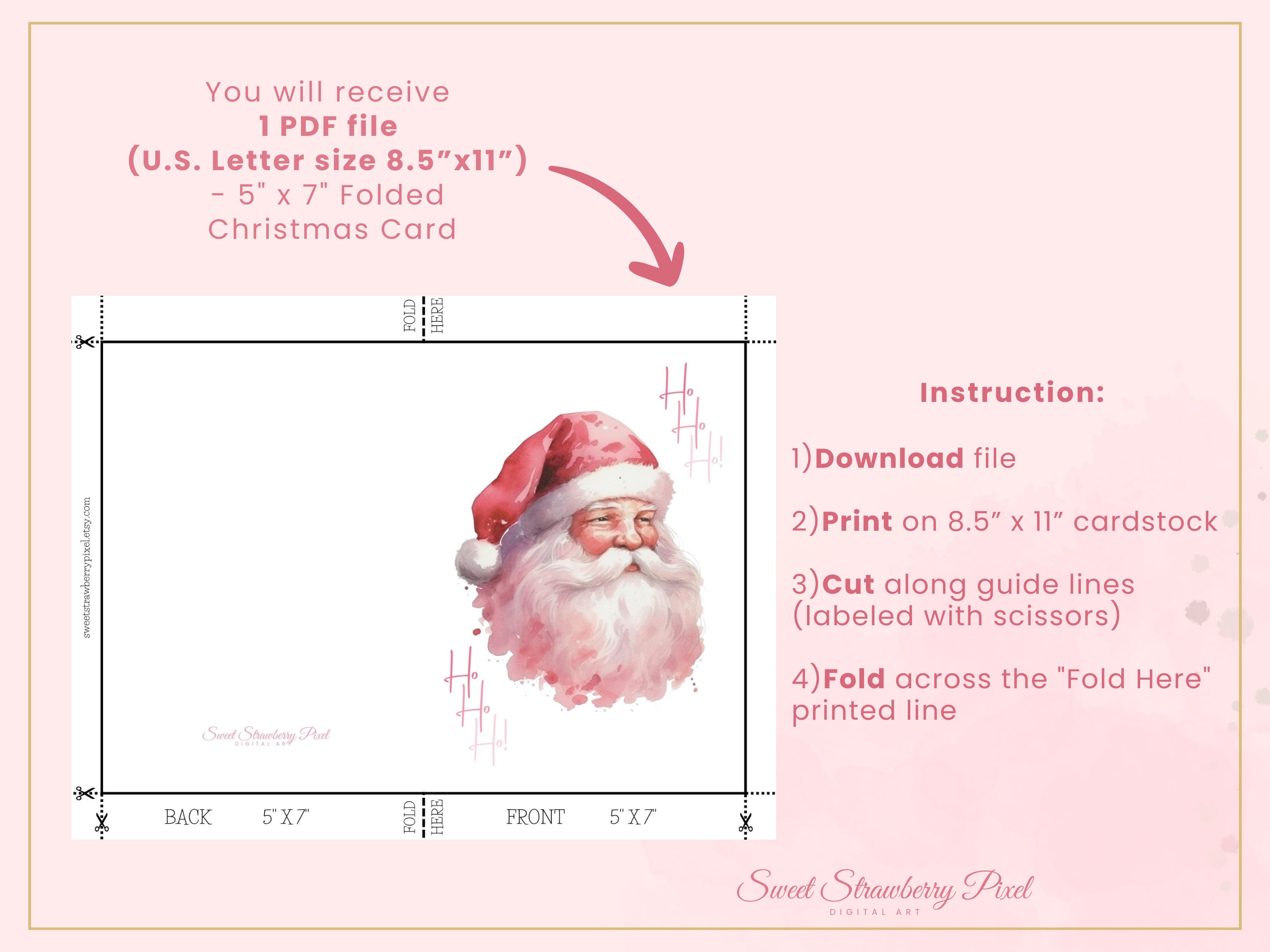 Printable Christmas Card, Instant Download Pink Christmas Card, Pink ...