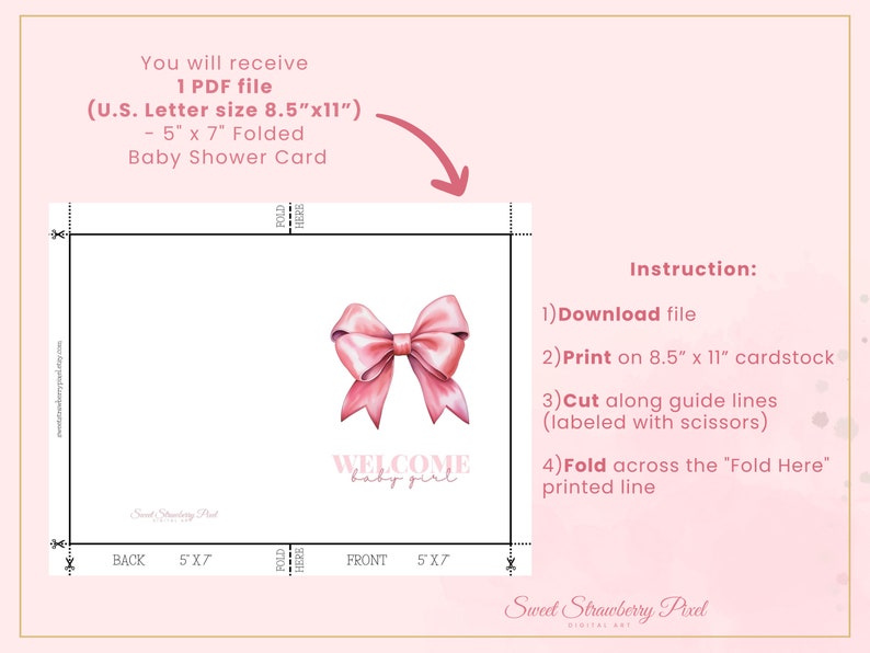 Girl Baby Shower Card, Printable Card, Pink Bow, Baby Shower Card ...