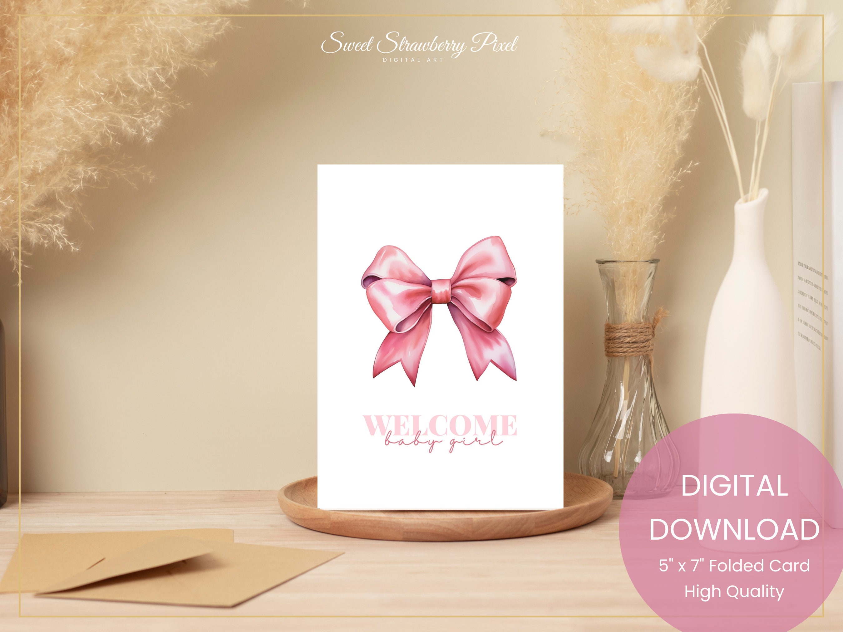 Girl Baby Shower Card, Printable Card, Pink Bow, Baby Shower Card ...