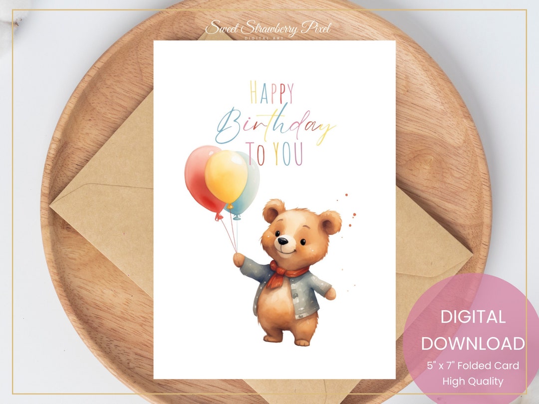 Teddy Bear Birthday Card, Happy Birthday Card, Kids Birthday Card ...