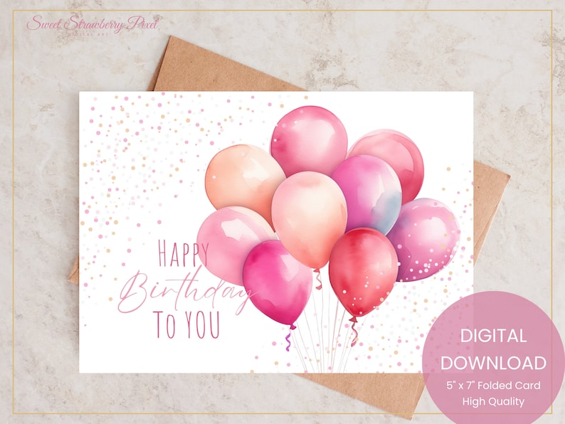 Happy Birthday Card, Balloon Happy Birthday Card, Pink Birthday Card ...