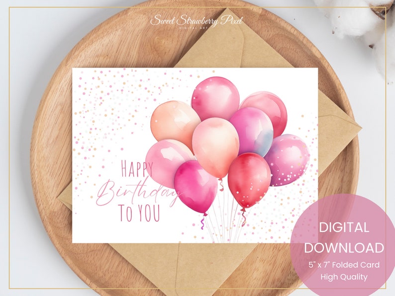 Happy Birthday Card, Balloon Happy Birthday Card, Pink Birthday Card ...