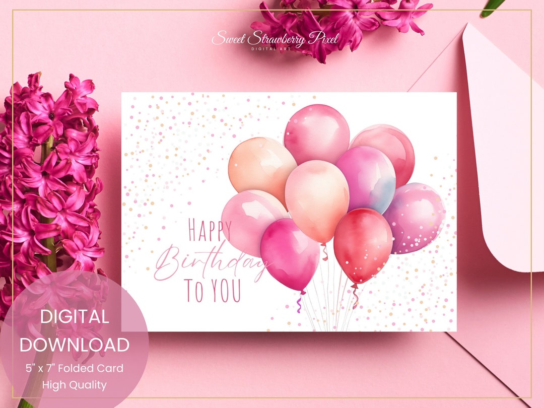 Happy Birthday Card, Balloon Happy Birthday Card, Pink Birthday Card ...