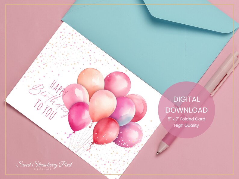 Happy Birthday Card, Balloon Happy Birthday Card, Pink Birthday Card ...