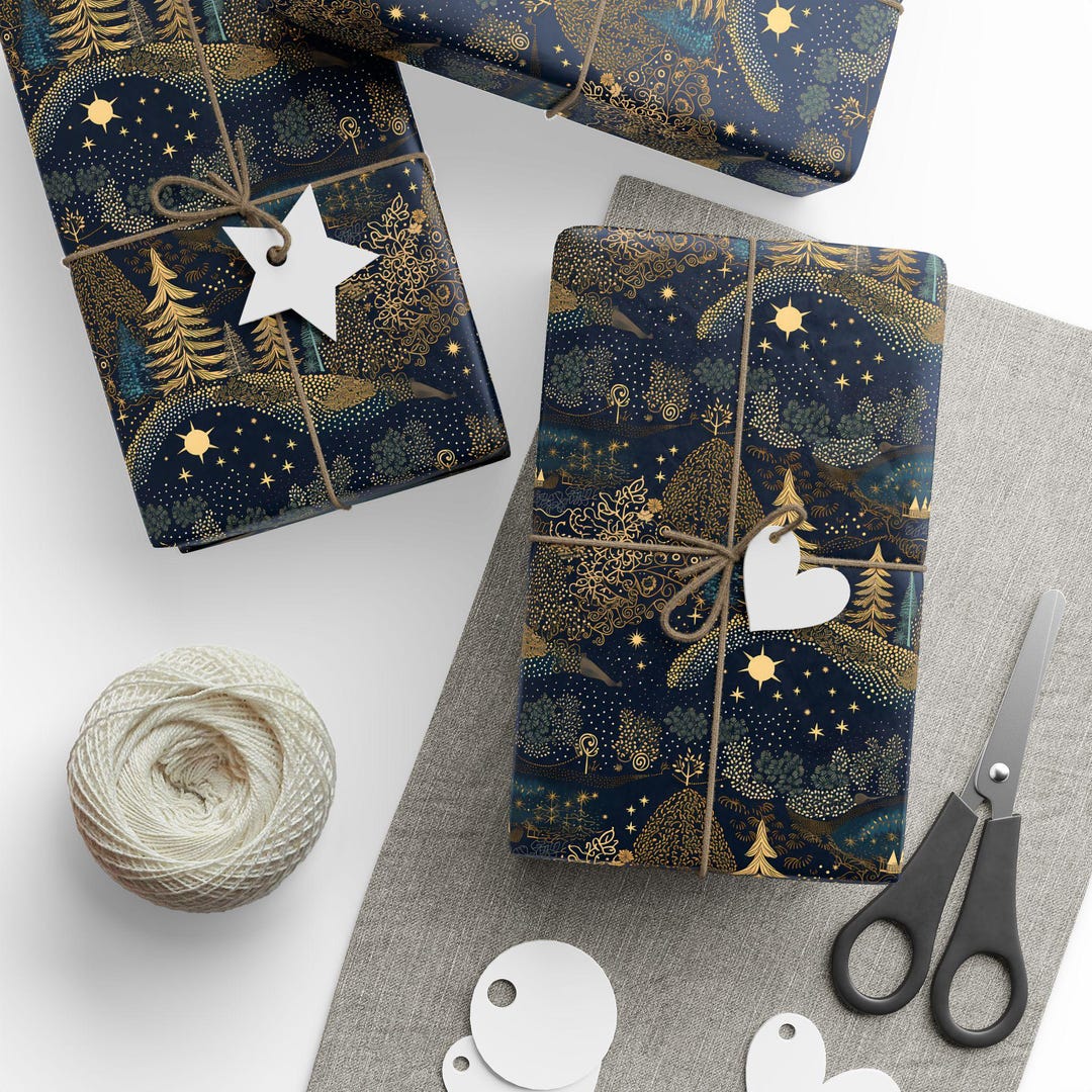 Cobalt & Gold Celestial Gift Wrap, Winter Night Scene - Etsy
