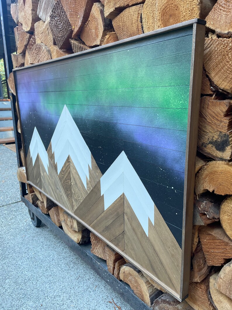 Geometric Wood Mountain Art - Wood Northern Lights Art - Etsy