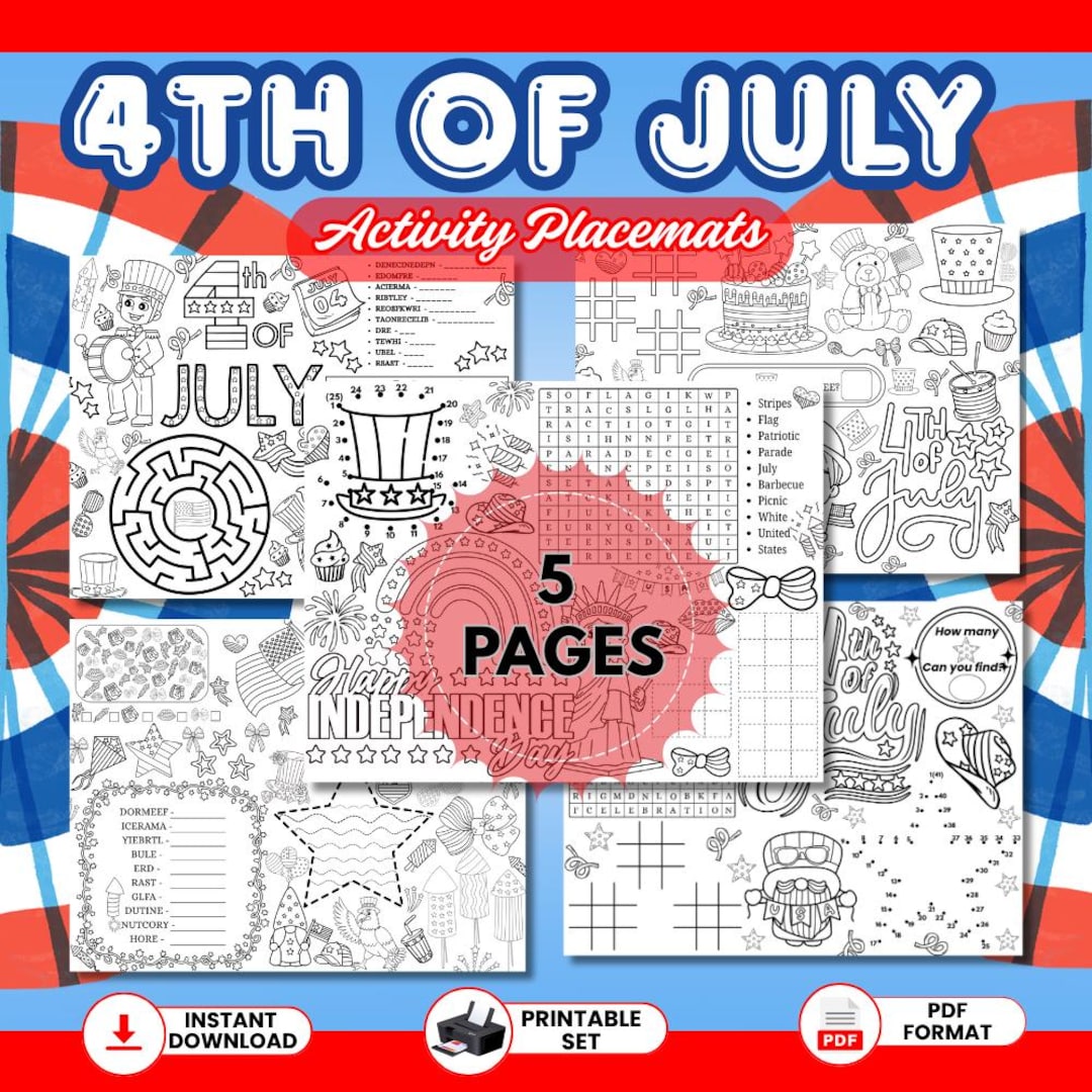 4th of July Activity Placemats for Kids – 5 Printable Coloring & Game ...