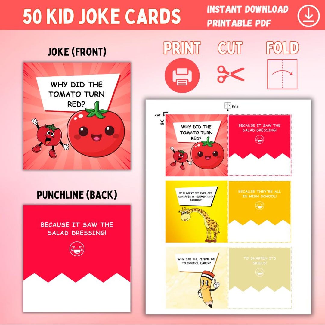 50 Printable Kid Joke Cards – Funny Lunchbox Notes, Birthday Favors ...