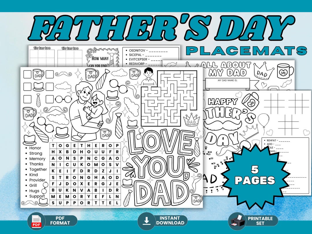 Printable Father's Day Placemat for Kids – Fun Coloring, Games & Word ...