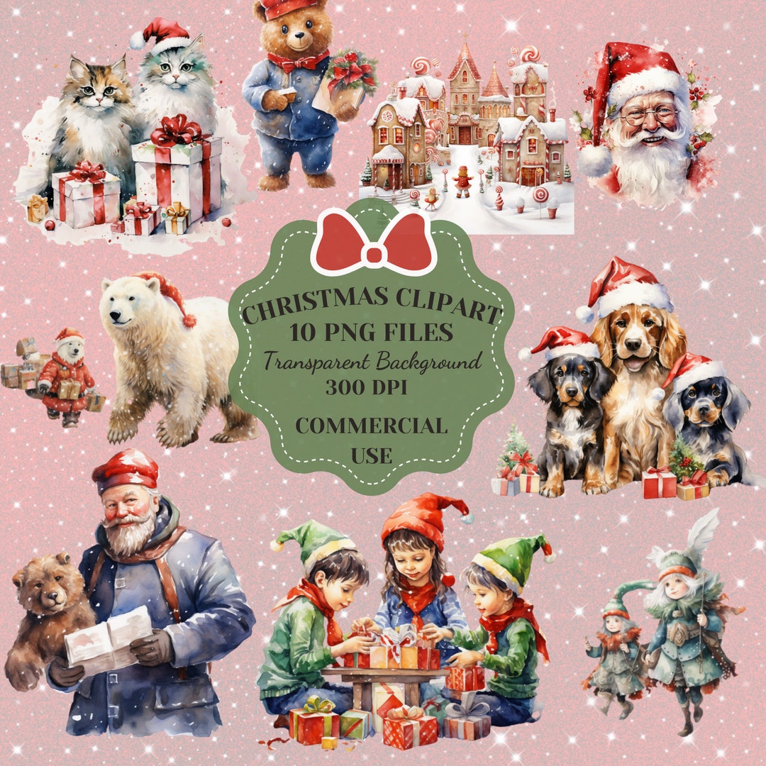 Christmas Watercolor Clipart Bundle Santa Elves Cats Dogs Png - Etsy