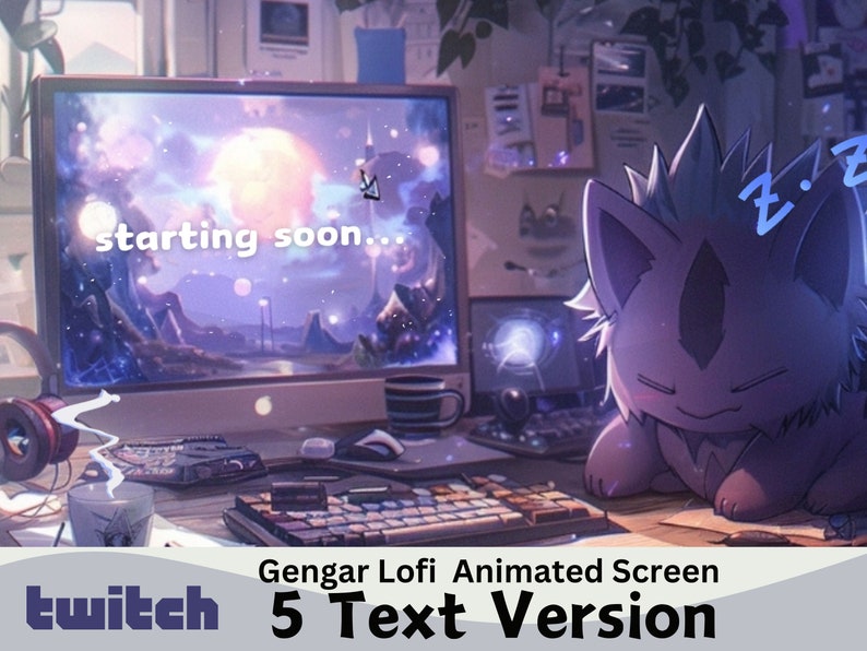 Animated Gengar Lofi Gaming Desk Twitch Scene, Stream Starting Soon, Be ...