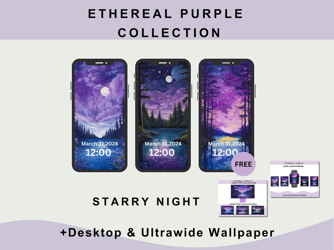 Starry Night Sky Digital Phone Wallpaper - Ethereal Purple Galaxy ...