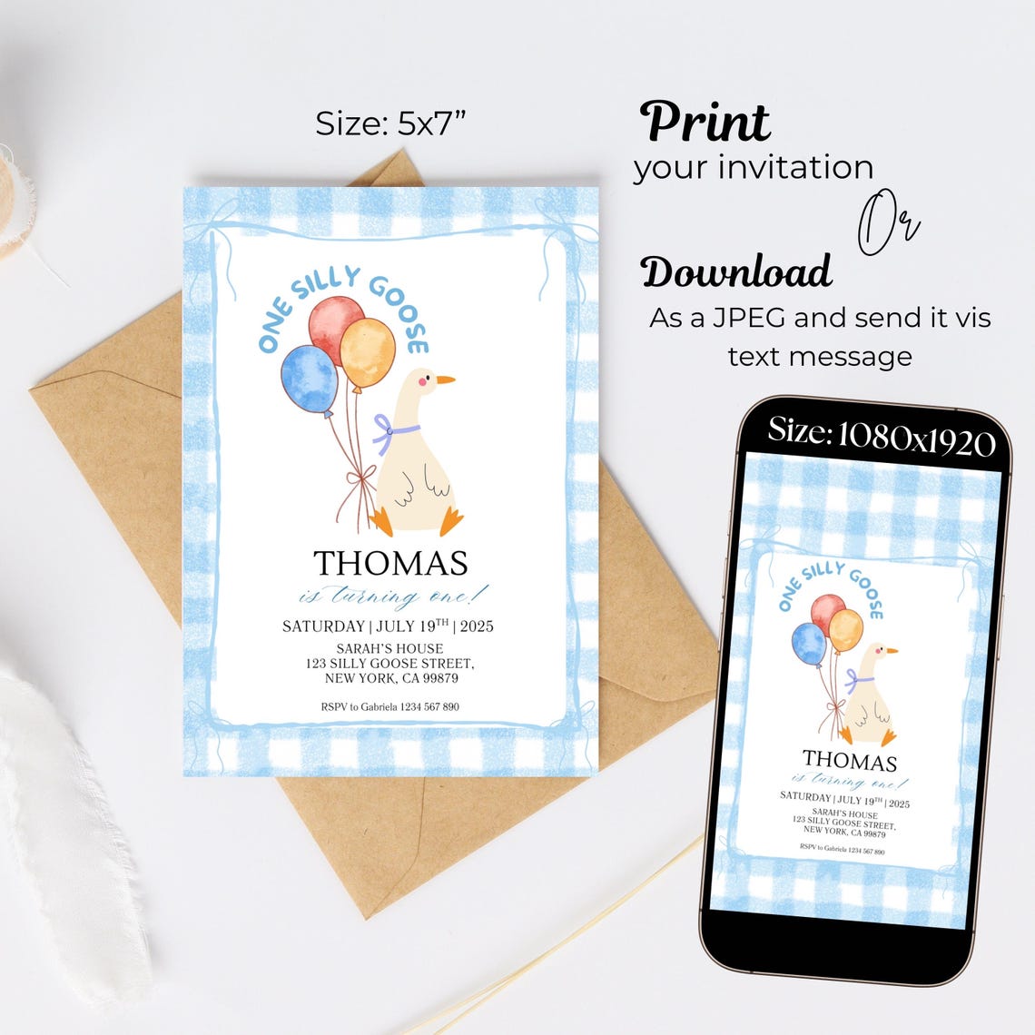 Editable Silly Goose Birthday Invitation Floral Pink Gingham Goose ...