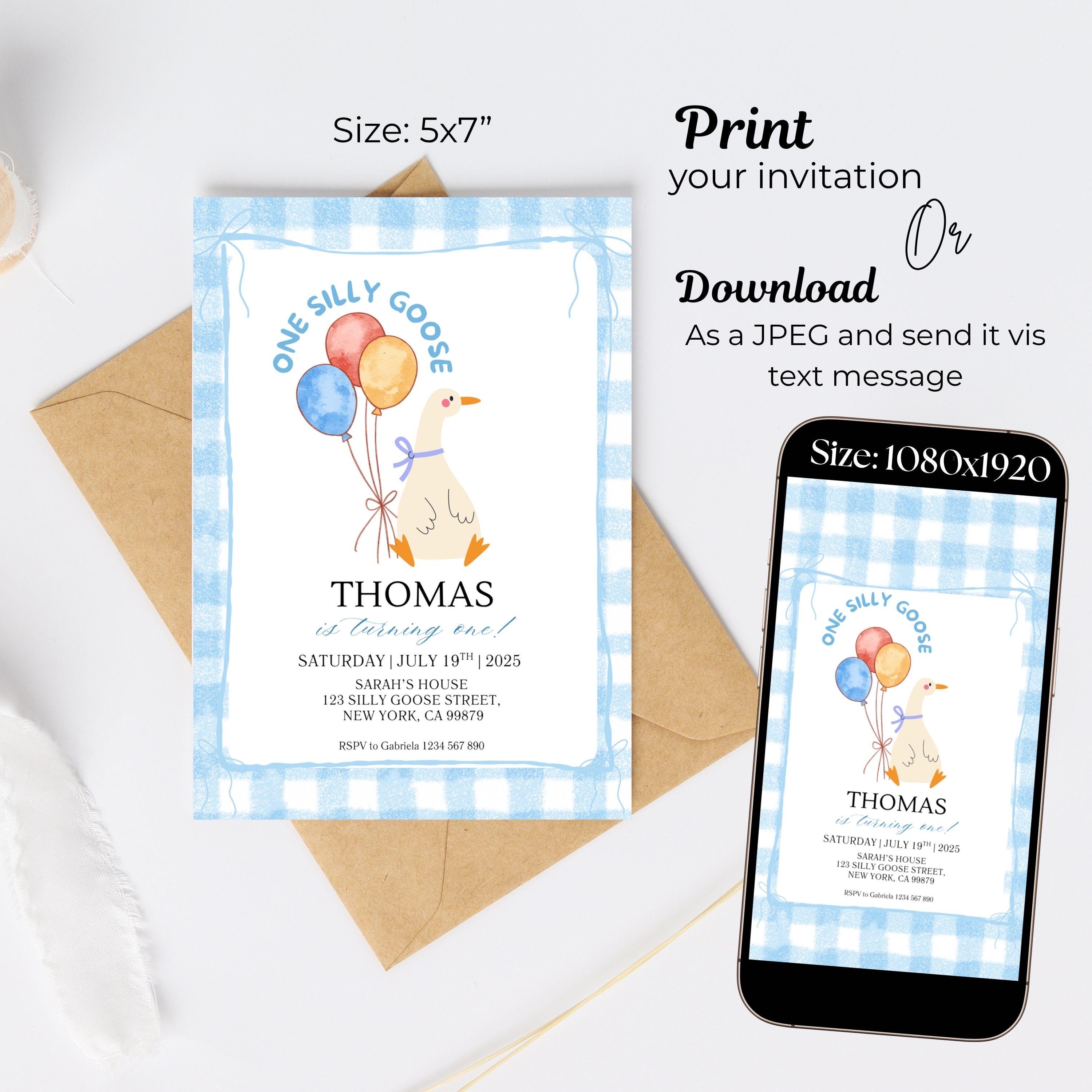 Editable Silly Goose Birthday Invitation Floral Pink Gingham Goose ...