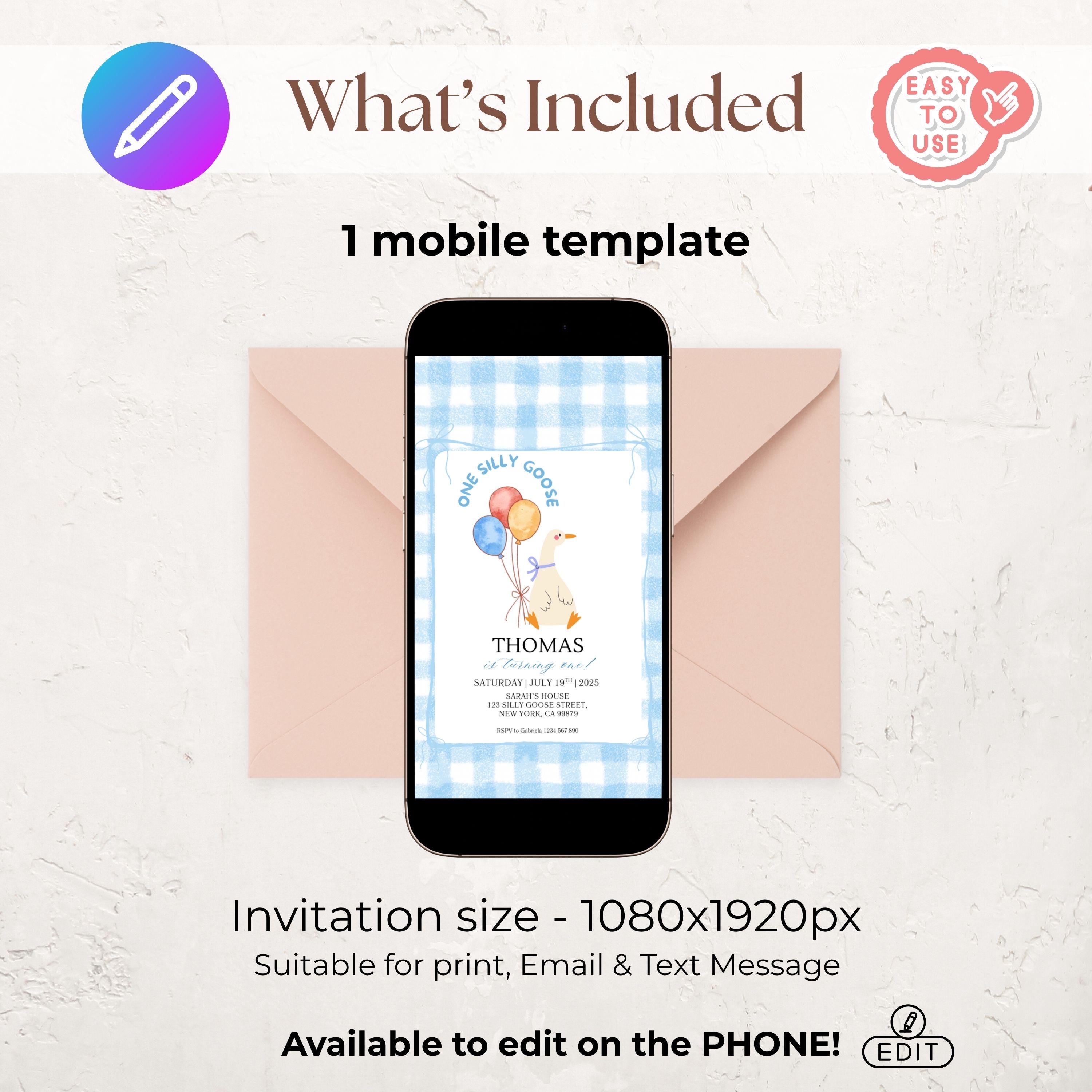 Editable Silly Goose Birthday Invitation Floral Pink Gingham Goose ...