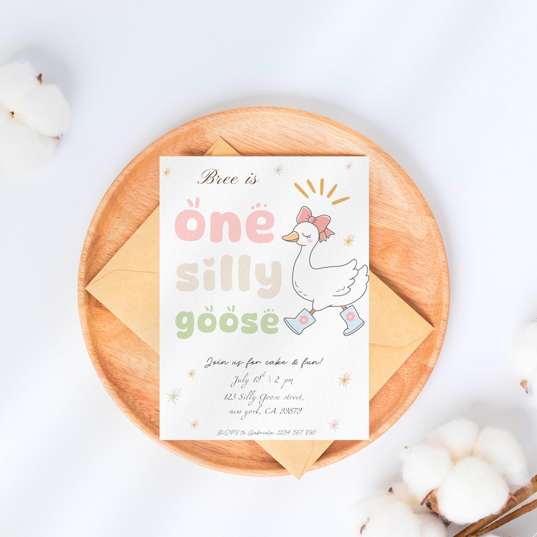Editable Silly Goose Birthday Invitation Floral Pink Gingham Goose ...