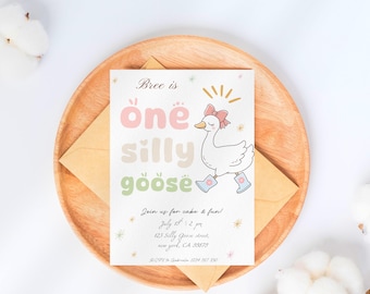 Editable Silly Goose Birthday Invitation Floral Pink Gingham Goose ...