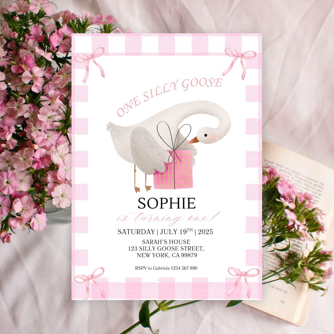 Editable Silly Goose Birthday Invitation Floral Pink Gingham Goose ...