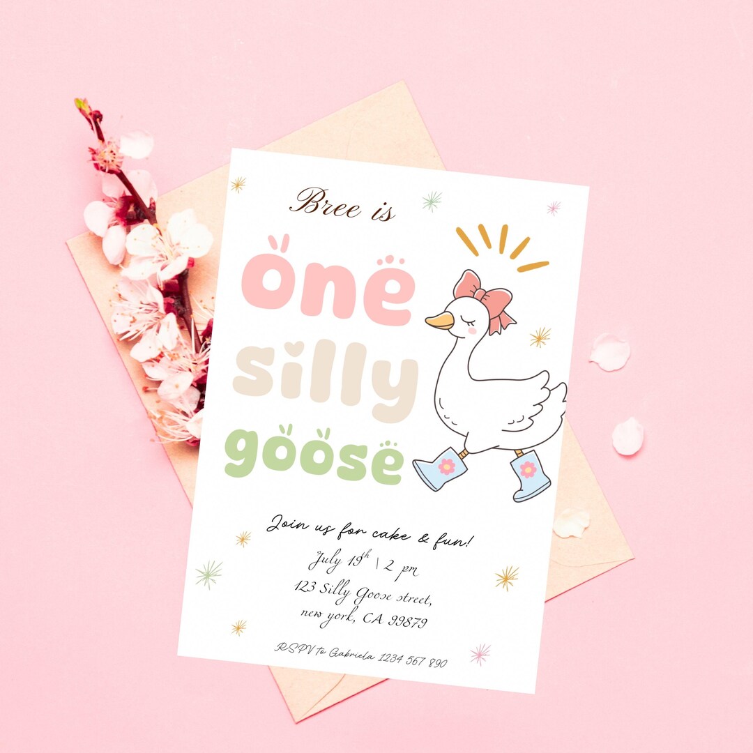 Editable Silly Goose Birthday Invitation Floral Pink Gingham Goose ...