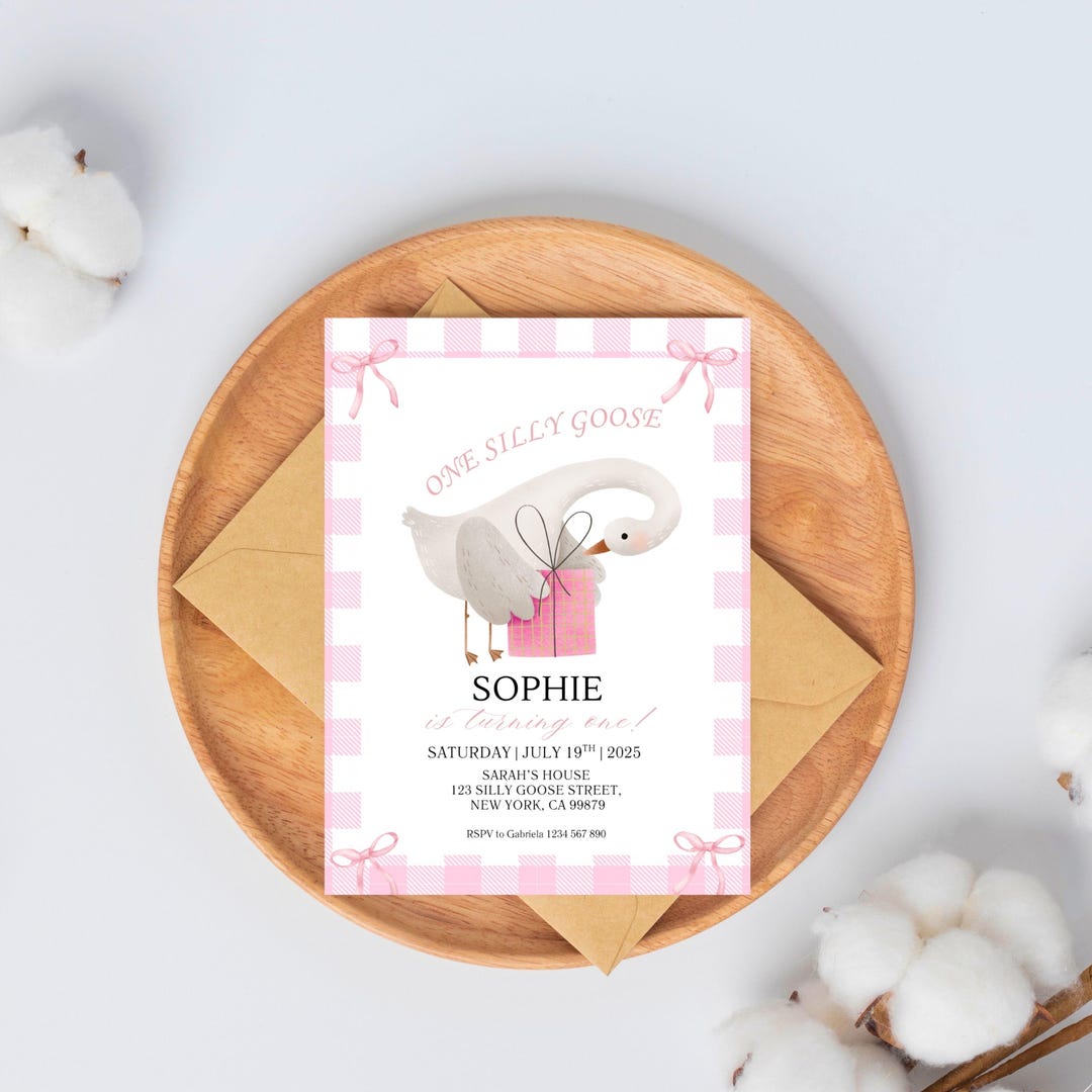 Editable Silly Goose Birthday Invitation Floral Pink Gingham Goose ...
