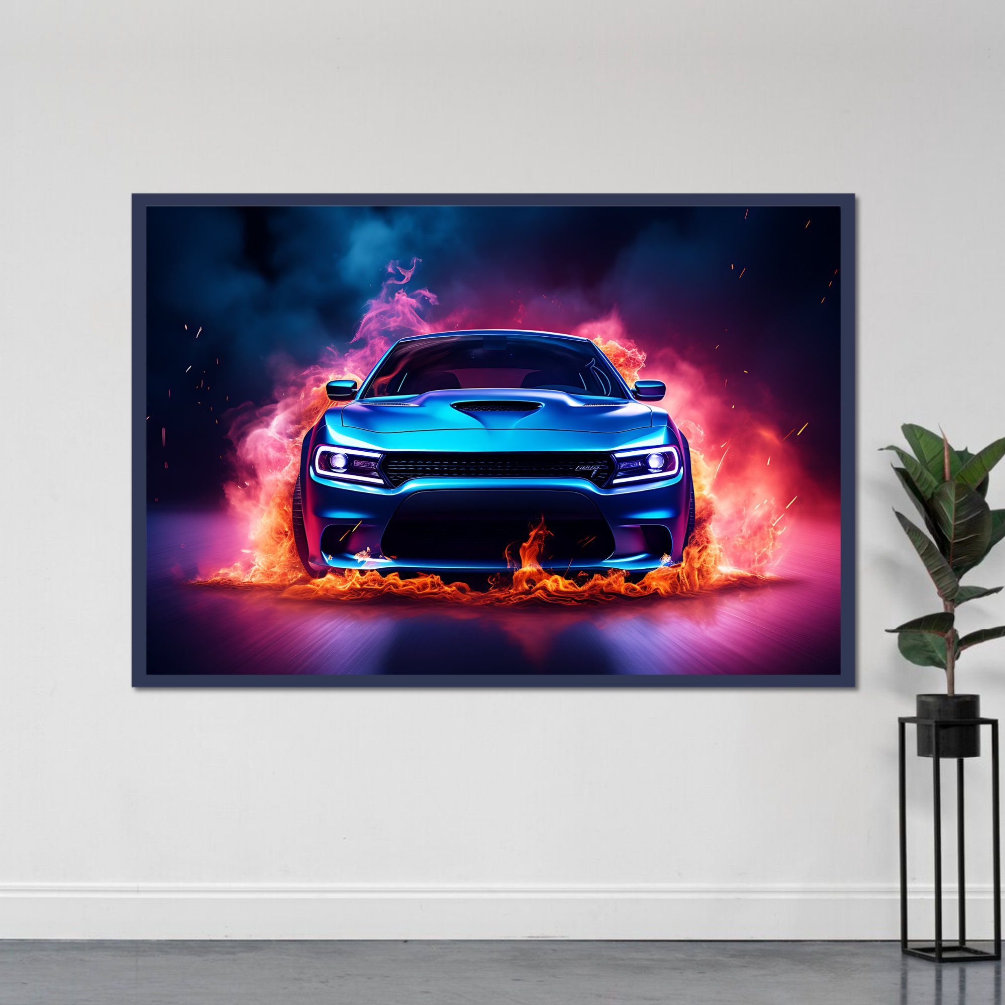 Neon Dodge Charger Flame Smoke Wall Poster Muscle Car Art Decor Sports ...