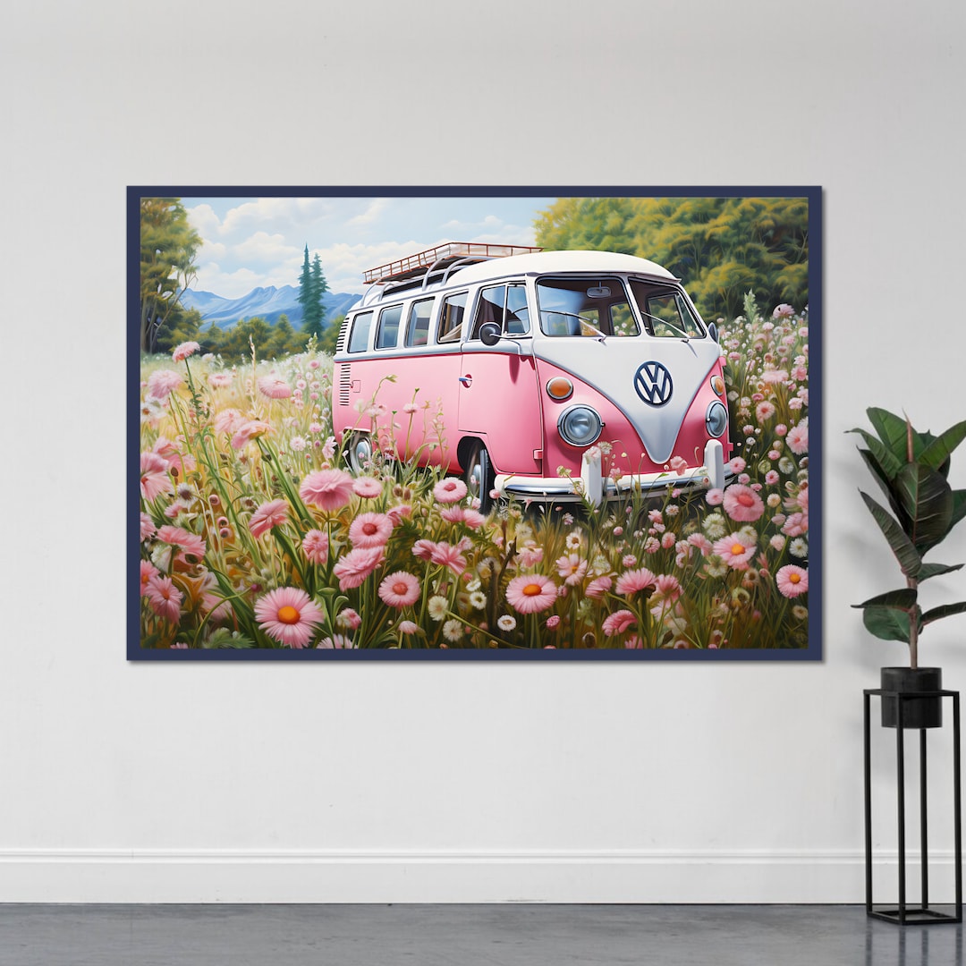 Hippie Pink VW Van Wall Poster Muscle Car Art Decor Classic Bus Car ...