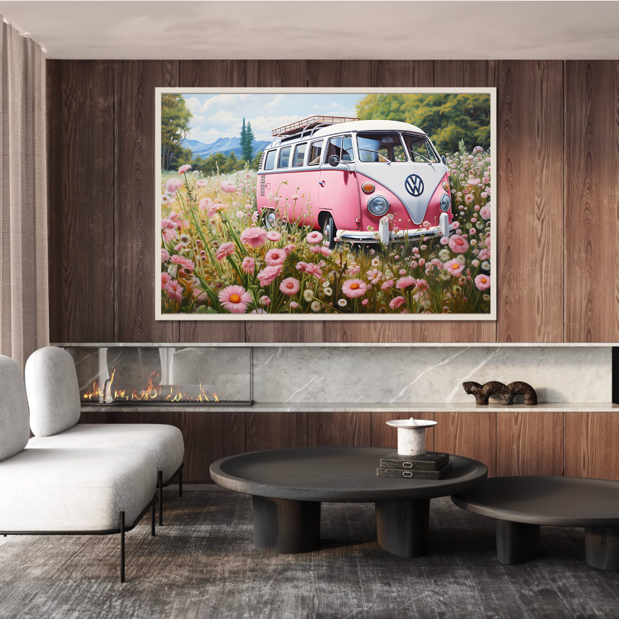 Hippie Pink VW Van Wall Poster Muscle Car Art Decor Classic Bus Car ...