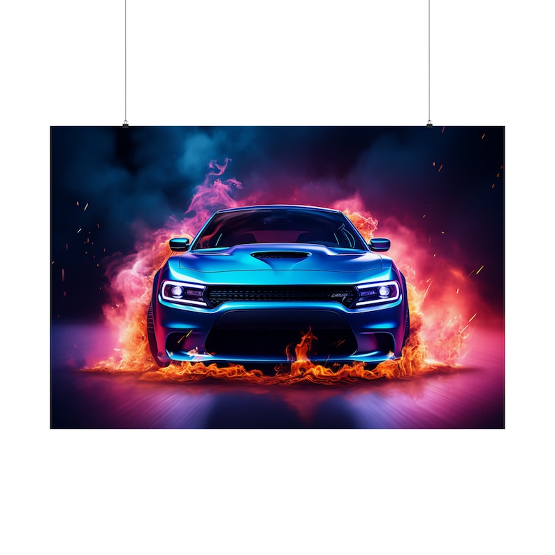Neon Dodge Charger Flame Smoke Wall Poster Muscle Car Art Decor Sports ...
