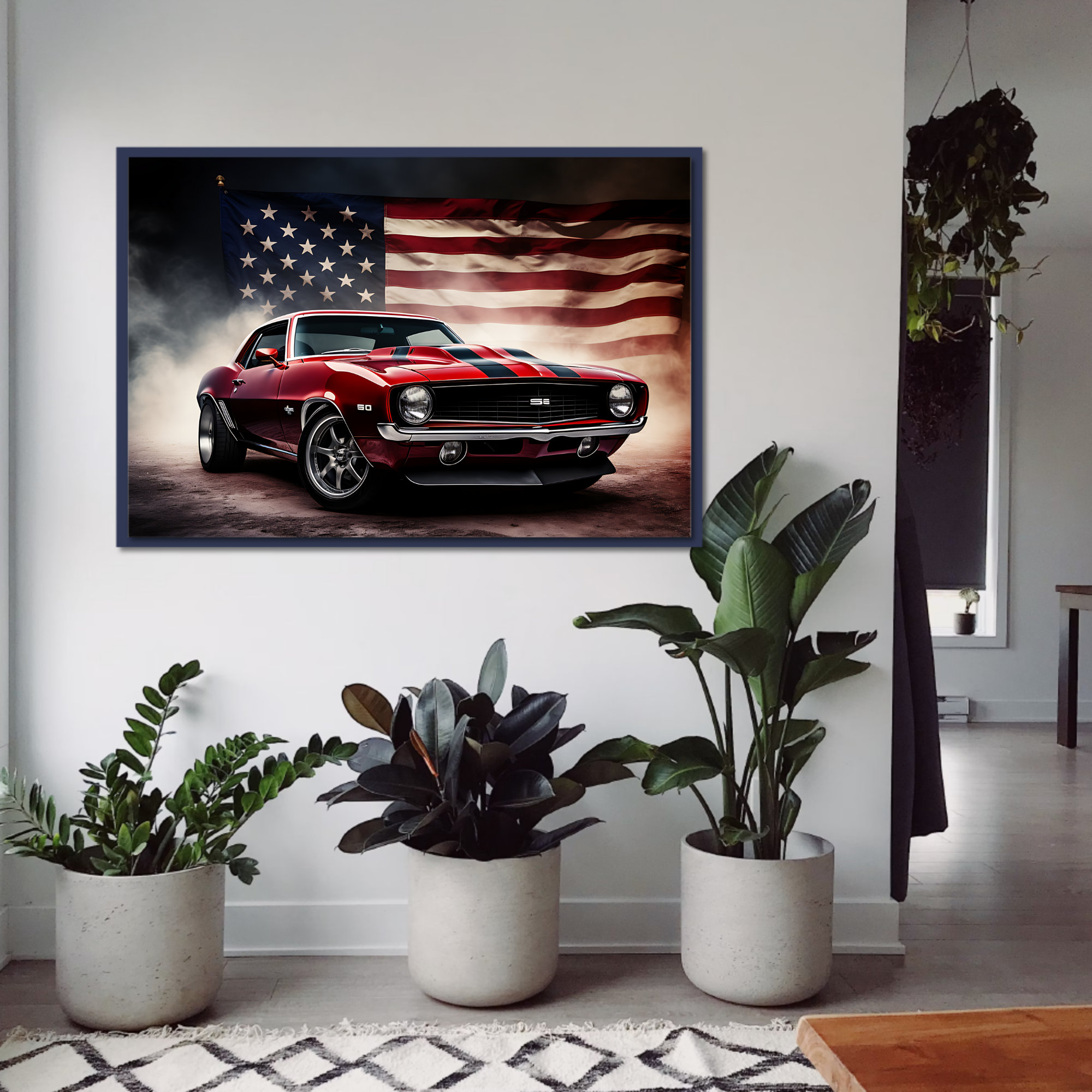Red Chevy Camaro Wall Art Muscle Car Wall Poster American Flag Car ...