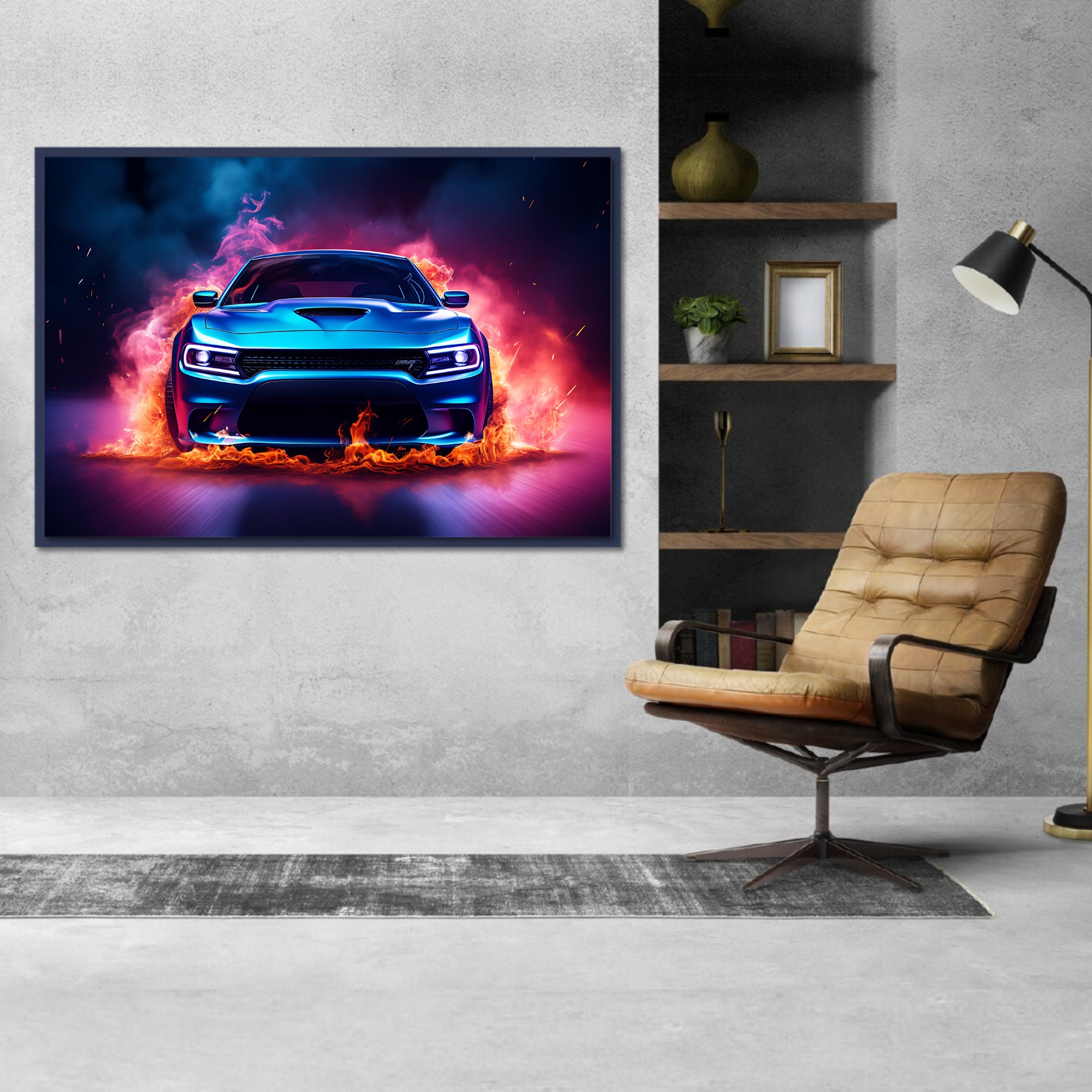 Neon Dodge Charger Flame Smoke Wall Poster Muscle Car Art Decor Sports ...