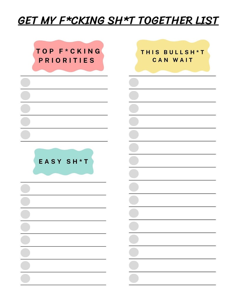 Get Your F*cking Sh*t Together List! to Do List Printable, Simple Tasks ...