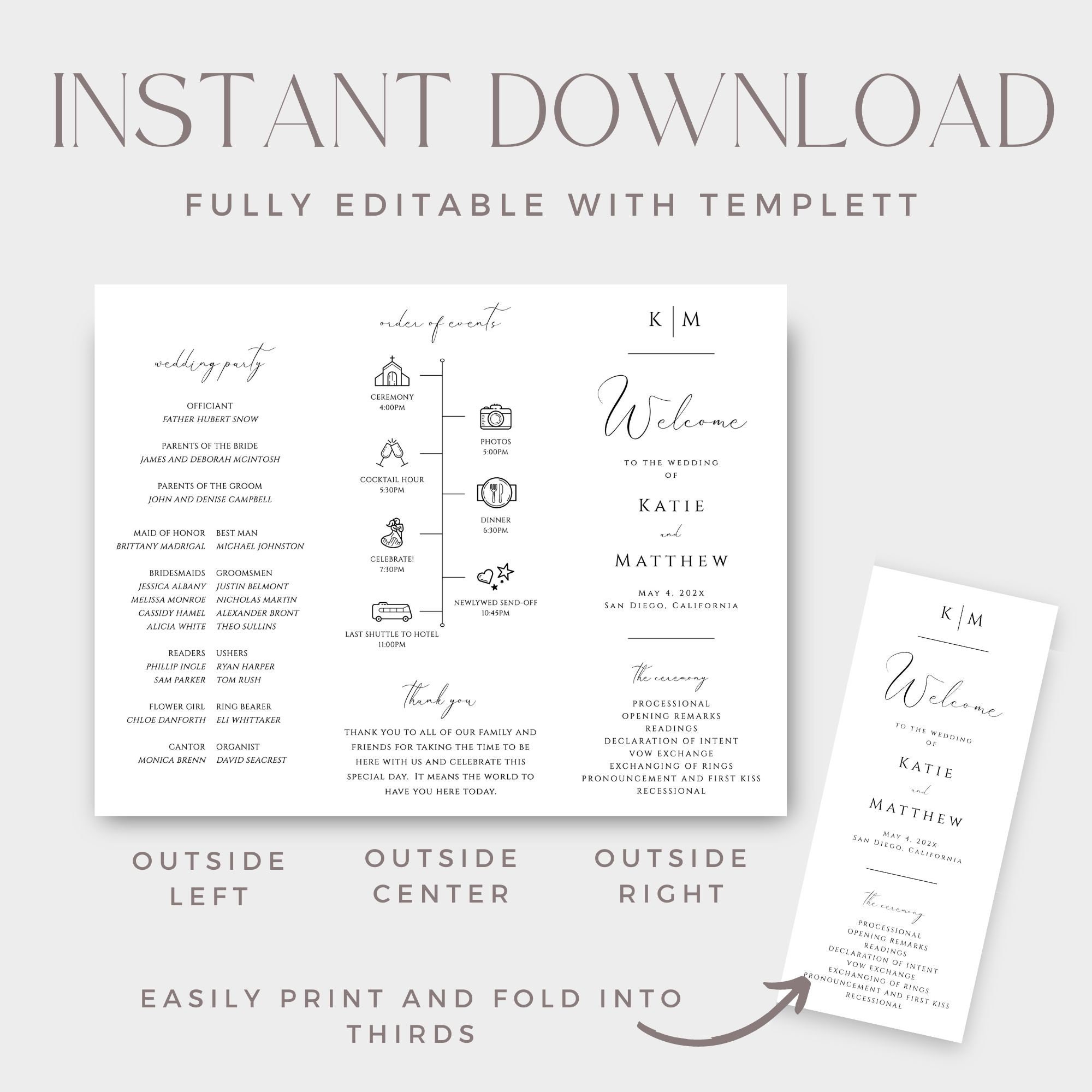 Trifold Wedding Program Seating Chart Template, Minimalist Alphabetical ...