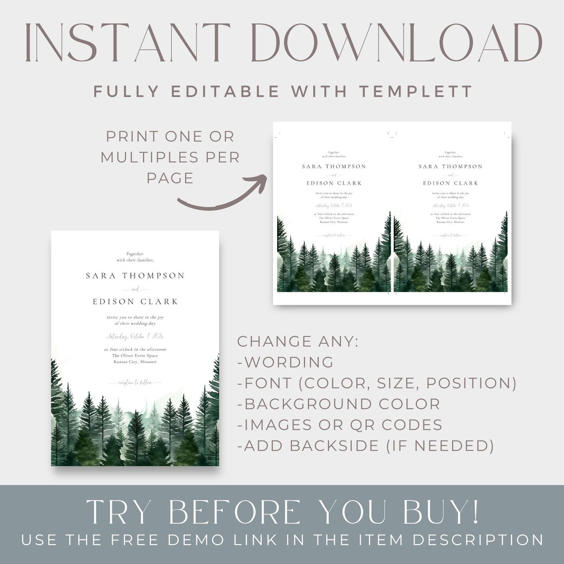 Mountain Wedding Invitations With QR Code Template, Woodland Forest ...