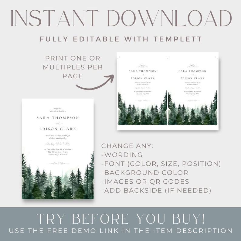 Woodland Forest Wedding Suite, Pine Tree Wedding Invitation Template With QR Code, Rustic Sage ...