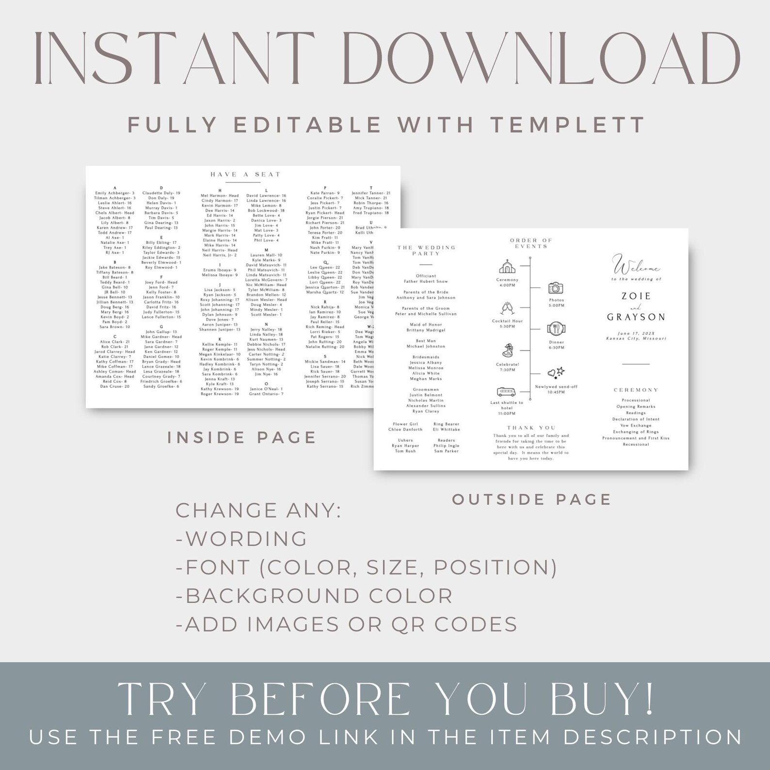 Wedding Program Template With Alphabetical Seating Chart, Tri Fold ...