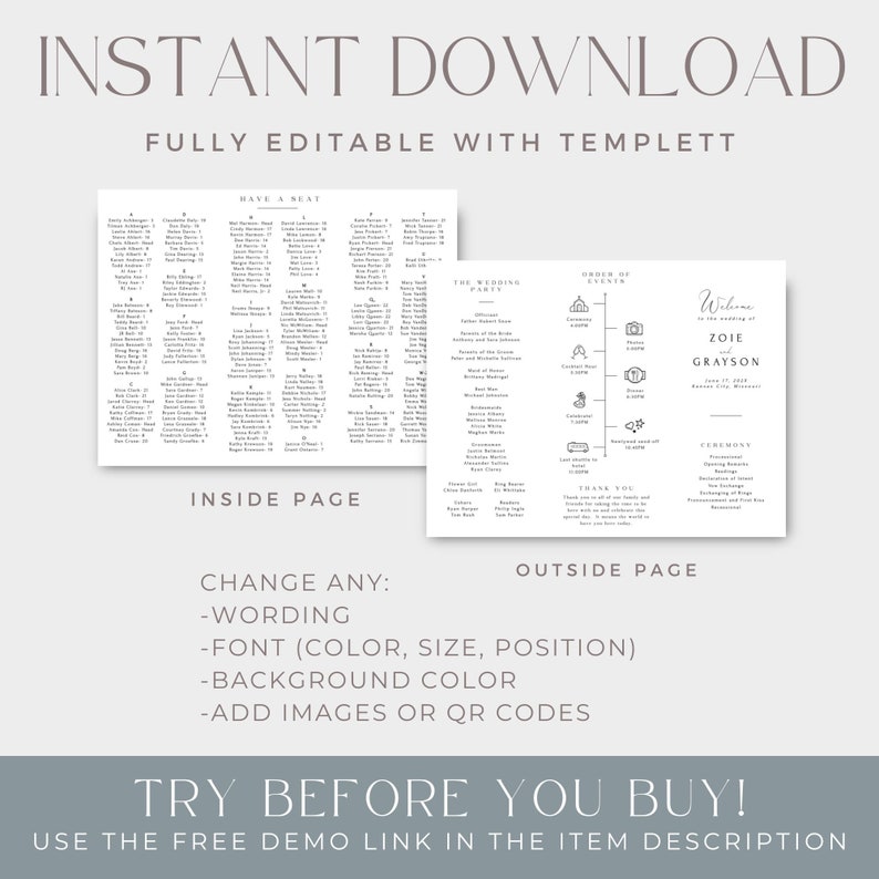 Wedding Program Template With Alphabetical Seating Chart, Tri Fold ...