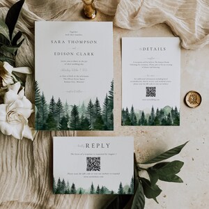 Woodland Forest Wedding Suite, Pine Tree Wedding Invitation Template With QR Code, Rustic Sage ...