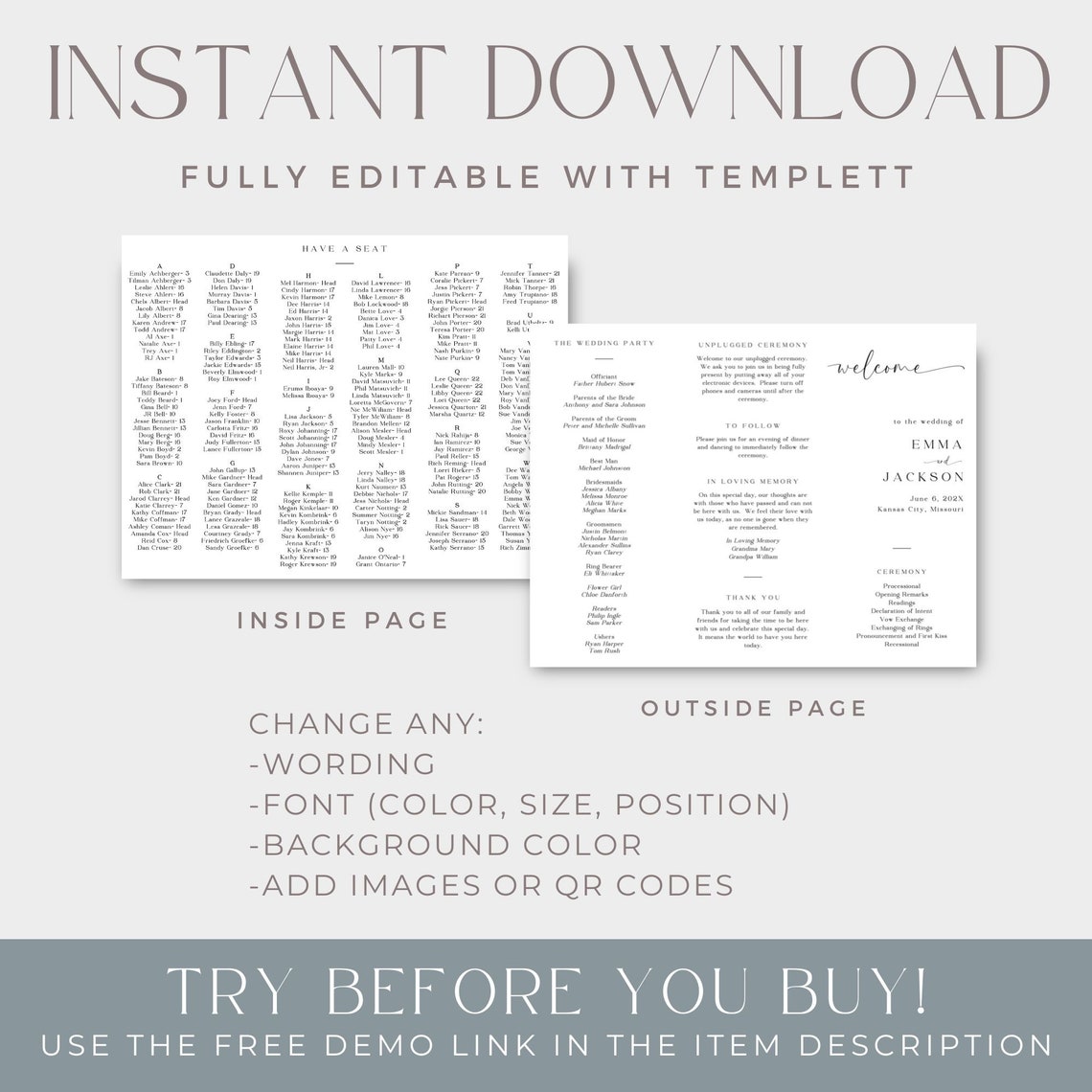 Tri Fold Wedding Program Template, Seating Chart by Alphabet, Program ...